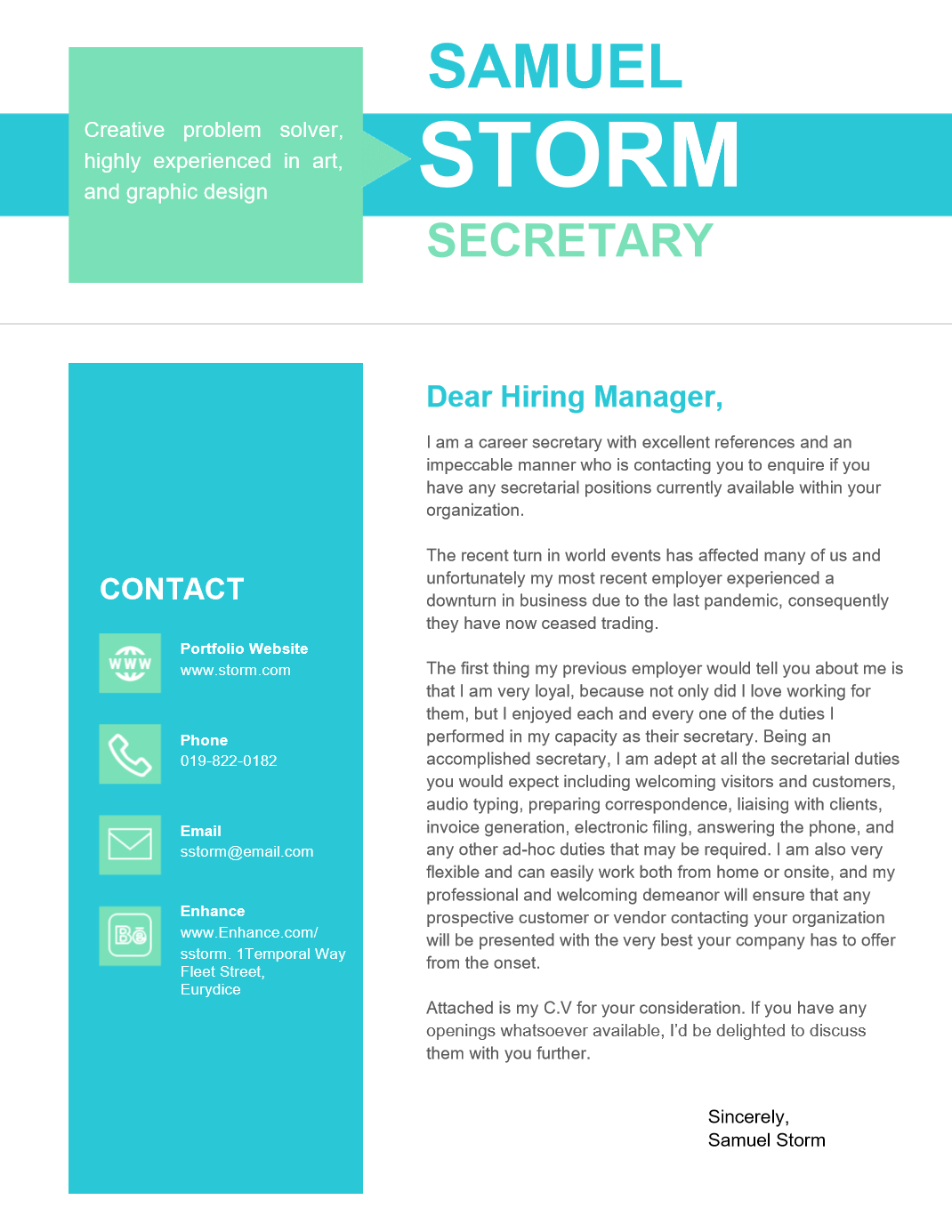 Email Cover Letter Template: Secretary
