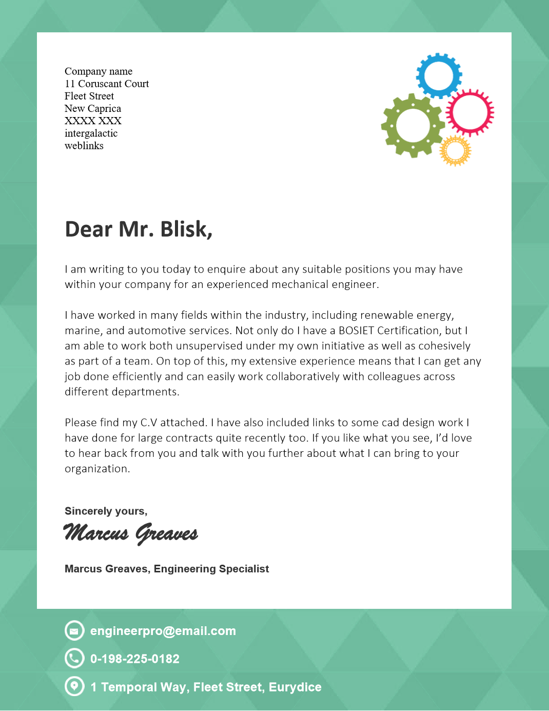 Email Cover Letter Template: Mechanical Engineer